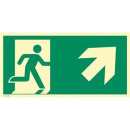moedel Hinweisschild &bdquo;Notausgang rechts schr&auml;g oben&ldquo;, EN ISO 7010, Leuchtklasse C, 160 mcd/m&sup2;, bis 14,8 m, L 148 x B 297 mm, Kunststoff, gr&uuml;n