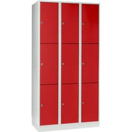 Wertfachschrank 300 mm, 3 Abteile, 9 F&auml;cher, Sicherheitszylinderschloss, Sockel, feuerrot