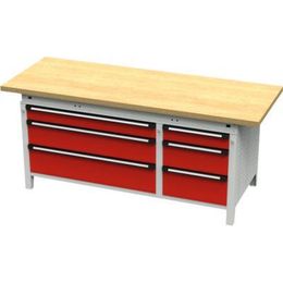 Otto Kind Breitfachwerkbank Typ 425, Buche Multiplexplatte, &uuml;berstehend, bis 1400 kg, B 2004 x T 750 x H 850 mm, Stahl, Zentralverschluss, lichtgrau/feuerrot