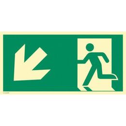 moedel Fluchtwegschild &bdquo;Notausgang links abw&auml;rts&ldquo;, nach ISO 7010 E001, Aluminium 0,6 mm, langnachleuchtend, B 297 x H 148 mm