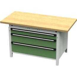 Otto Kind Breitfachwerkbank Typ 405, Buche Multiplexplatte, bis 1.200 kg, B 1524 x T 750 x H 850 mm, Stahl, Zentralverschluss, lichtgrau/resedagr&uuml;n