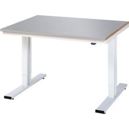 Rau Werktisch Adlatus, elektrisch h&ouml;henverstellbar, 25 mm MDF-Platte mit Edelstahlbelag, bis 300 kg, B 1250 x T 1000 x H 720-1120 mm, silber/lichtgRau