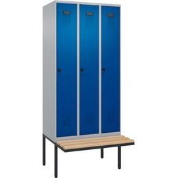 Kleiderspind C+P Evolo Plus, 3 Abteile &agrave; 300 mm Breite, schwebende Sitzbank, B 900 x T 815 x H 2120 mm, Drehriegel, wei&szlig;aluminium/enzianblau