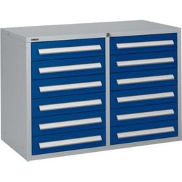 Sch&auml;fer Shop Sch&auml;fer Shop Select Schubladenschrank SF 120, 12 Sch&uuml;be mit Etikettenschildern, abschlie&szlig;bar, B 1055 x T 500 x H 723 mm, wei&szlig;aluminium RAL 9006/enzianblau RAL 5010