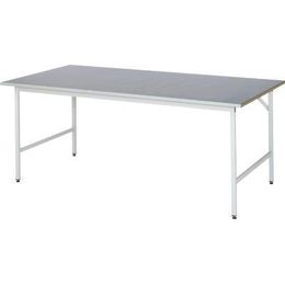 Rau Arbeitstisch Jerry, manuell h&ouml;henverstellbar, 25 mm MDF-Platte mit Stahlblechbelag, bis 300 kg, B 2000 x T 1000 x H 800-850 mm, silber/lichtgRau