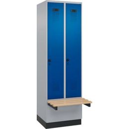 Kleiderspind C+P Evolo Plus, 2 Abteile &agrave; 300 mm Breite, Sockel, schwebende Sitzbank, B 600 x T 815 x H 1950 mm, Drehriegel, wei&szlig;aluminium/enzianblau