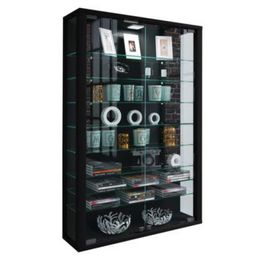 Wandvitrine Vitrosa Mini, mit LED-Beleuchtung, 8 Einlegeb&ouml;den, 2 Fl&uuml;gelt&uuml;ren, B 590 x T 180 x H 910 mm, Glas & Holz, schwarz