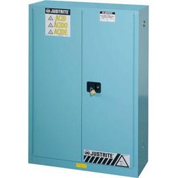 Justrite FM-Chemikalienschrank Classic Sure-Grip&reg; EX, f&uuml;r &Auml;tzmittel, bis 170 Liter, manuell schlie&szlig;ende T&uuml;ren, blau