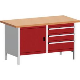 Bott Kastenwerkbank KW-1578-2.3, 3 geschlossene Schubladen, Fl&uuml;gelt&uuml;r,, Rotbuchenholz-Arbeitsplatte, 1500 x 750 x 840 mm, purpurrot/lichtgrau