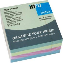 INFO Haftnotizen Brillant, 75 mm x 75 mm, 1 x 400 Blatt, pastellgr&uuml;n, gelb, blau, rosa