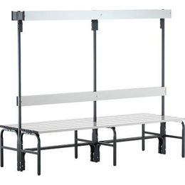 Umkleidebank, Stahlrohr/Alu, doppelt mit Garderobenteil, 2000 mm breit, anthrazit