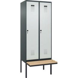 Kleiderspind C+P Evolo Plus, 2 Abteile &agrave; 400 mm Breite, schwebende Sitzbank, B 800 x T 815 x H 2120 mm, Drehriegel, anthrazitgrau/lichtgrau