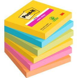 POST-IT Haftnotizen Super Sticky Notes Carnival 654-6SS-CARN, 76 x 76 mm, wiederabl&ouml;sbar, cellophanfrei verpackt, farbig, 6 x 90 Blatt
