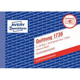 Quittung Avery Zweckform 1736, inkl. MwSt., A6 Querformat, 1 Block mit 2 x 40 Blatt, FSC&reg;-Papier, wei&szlig;/gelb