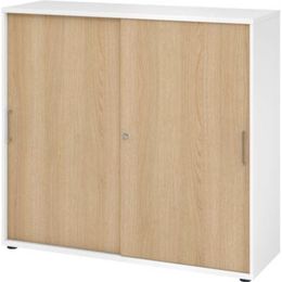 Schiebetürschrank Breno, abschließbar, Spanplatte, melaminharzbeschichtet, B 1200 x T 400 x H 1100 mm, 3 Ordnerhöhen, weiß/Eiche