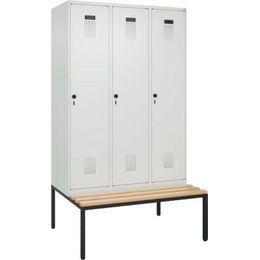 Kleiderspind C+P Evolo Plus, 3 Abteile, 400 mm Abteilbreite, mit untergebauter Sitzbank, B 1200 x T 815 x H 2120 mm, Drehriegel, lichtgrau/lichtgrau