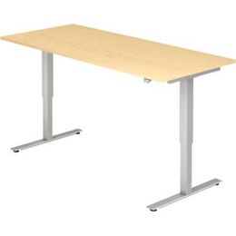 Schreibtisch ULM, elektrisch h&ouml;henverstellbar, Rechteck, T-Fu&szlig;, B 1800 x T 800 x H 720-1190 mm, Ahorn/alusilber + Kabelwanne