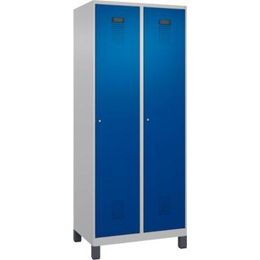 Kleiderspind C+P Evolo Plus, 2 Abteile, 400 mm Abteilbreite, mit F&uuml;&szlig;en, Anschlag rechts, B 800 x T 500 x H 1950 mm, Zylinder, wei&szlig;aluminium/enzianblau