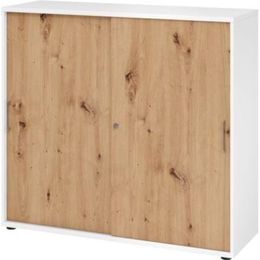Schiebetürschrank Breno, abschließbar, Spanplatte, melaminharzbeschichtet, B 1200 x T 400 x H 1100 mm, 3 Ordnerhöhen, weiß/Asteiche
