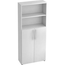 Regalschrank TARA, 5 Ordnerh&ouml;hen, 3 Fachb&ouml;den, T&uuml;ren oben/unten, B 800 x T 346 x H 1880 mm, lichtgrau