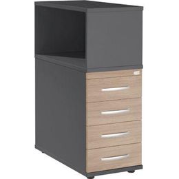 Sch&auml;fer Shop Sch&auml;fer Shop Select Anstellcontainer LOGIN, mit Aufsatzregal, 4 Sch&uuml;be, B 409 x T 800 x H 1120 mm, Holz, abschlie&szlig;bar,graphit/Eiche