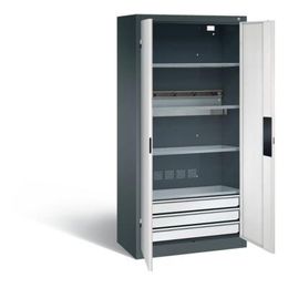C+P Akkuladeschrank Basic mit Vollblecht&uuml;ren und Schubladenblock, H 1950 x B 930 x T 500 mm, Lichtgrau/Rubinrot