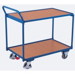 Schäfer Shop Leichter Tischwagen, Stahl/MDF-Platte, Enzianblau/Buche-Dekor, 2 Etagen, L 835 x B 505 mm, TPE-Rollen mit EasySTOP, bis 250 kg