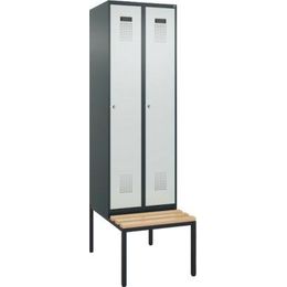 Kleiderspind C+P Evolo Plus, 2 Abteile mit je 300 mm Breite, Unterbau-Sitzbank, B 600 x T 815 x H 2120 mm, Zylinder, anthrazitgrau/lichtgrau