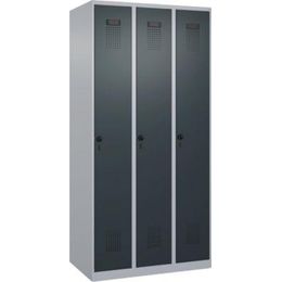 Kleiderspind C+P Evolo Plus, 3 Abteile, Anschlag rechts, Sicherheits-Drehriegel, B 900 x T 500 x H 1850 mm, wei&szlig;aluminium/anthrazitgrau
