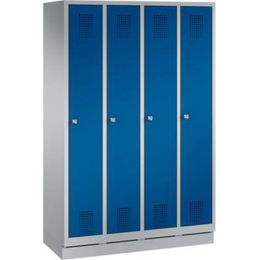 Garderobenspind Evolo S 3000, Stahl, m. Sockel, 4 Abteile m. jew. B 300 mm, Zylinderschloss, wei&szlig;aluminium RAL 9006/enzianblau RAL 5010