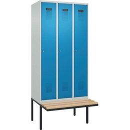 Kleiderspind C+P Evolo Plus, 3 Abteile &agrave; 300 mm Breite, schwebende Sitzbank, B 900 x T 815 x H 2120 mm, Zylinder, lichtgrau/lichtblau