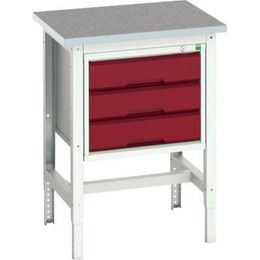Werkbank Bott verso, Linoleum-Platte, mit Querstrebenset, 3 Schubladen, B 700 x T 600 x H 780 - 930 mm, Lichtgrau / Purpurrot