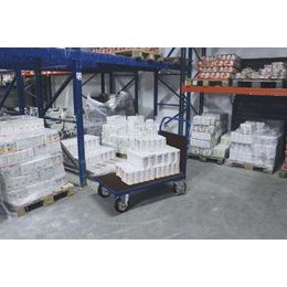 Sch&auml;fer Shop Stirnwandwagen, Stahl/Siebdruckplatte, Enzianblau/Dunkelbraun, L 1225 x B 800 mm, Vollgummi-Rollen mit EasySTOP, bis 1000 kg