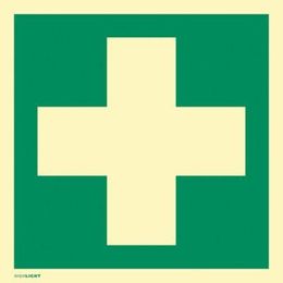moedel Hinweisschild &bdquo;Erste Hilfe&ldquo;, EN ISO 7010, Leuchtklasse C, 160 mcd/m&sup2;, bis 14,8 m, L 148 x B 148 mm, Kunststoff, gr&uuml;n
