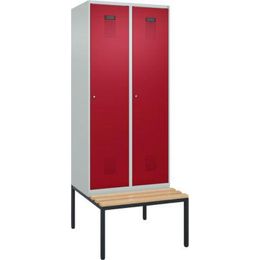 Kleiderspind C+P Evolo Plus, 2 Abteile, 400 mm Abteilbreite, mit untergebauter Sitzbank, B 800 x T 815 x H 2120 mm, Zylinder, lichtgrau/rubinrot