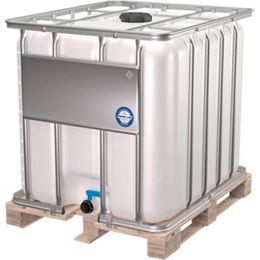 IBC Container, 1000 Liter, HDPE, stapelbar, Auslaufventil, auf Holzpalette, B 1200 x T 800 x H 1163 mm, natur