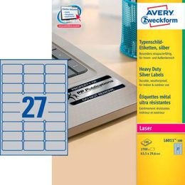 Avery Zweckform Typenschildetiketten L6011-100, extrem robust, geeignet f&uuml;r SW-Laserdrucker, 63,5 x 29,6 mm, 2700 St&uuml;ck/100 A4-Bogen, Polyesterfolie, silber
