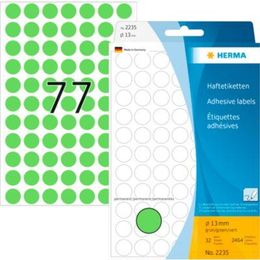 Vielzweck-Etiketten Herma 2235, selbstklebende Markierungspunkte, &Oslash; 13 mm, permanent haftend, 32 Blatt, Papier, matt, gr&uuml;n