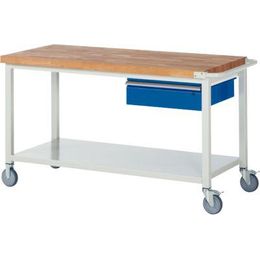 Rau Werkbank Serie 8001, fahrbar, mit Schublade, mit Ablageboden, B 1500 x T 700 x H 880 mm