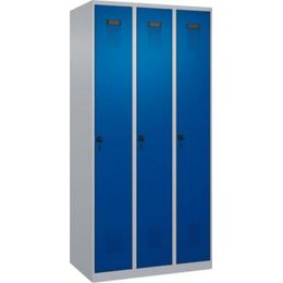 Kleiderspind C+P Evolo Plus, 3 Abteile, Anschlag rechts, Sicherheits-Drehriegel, B 900 x T 500 x H 1850 mm, wei&szlig;aluminium/enzianblau