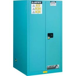 Justrite FM-Chemikalienschrank Classic Sure-Grip&reg; EX, f&uuml;r &Auml;tzmittel, bis 341 Liter, selbstschlie&szlig;ende T&uuml;ren, blau