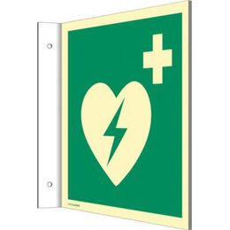 moedel Fahnenschild &bdquo;Automatischer externer Defibrillator AED&ldquo;, EN ISO 7010, Leuchtklasse C, 160 mcd/m&sup2;, bis 20 m, L 200 x B 200 mm, Kunststoff