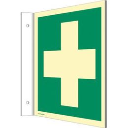 moedel Fahnenschild &bdquo;Erste Hilfe&ldquo;, EN ISO 7010, Leuchtklasse C, 160 mcd/m&sup2;, bis 14,8 m, L 148 x B 148 mm, Kunststoff, gr&uuml;n