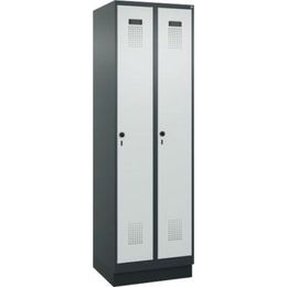 Kleiderspind C+P Evolo Plus, 2 Abteile, 300 mm Abteilbreite, mit Sockel, Anschlag rechts, Drehriegel, B 600 x T 500 x H 1950 mm, anthrazitgrau/lichtgrau