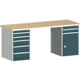 Bott Werkbank, Stahlgestell, Rotbuchenholz-Arbeitsplatte, B 2000 x T 750 x H 840 mm, 7 Schubladen, 1 T&uuml;r, anthrazitgrau/lichtgrau/Rotbuche