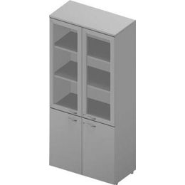 Schrank ARLON OFFICE, 5 Ordnerh&ouml;hen, 2 Glast&uuml;ren m. Rahmen, 2 Melamint&uuml;ren, H 2000 mm, lichtgrau/alu