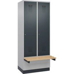 Kleiderspind C+P Evolo Plus, 2 Abteile &agrave; 400 mm Breite, Sockel, schwebende Sitzbank, B 800 x T 815 x H 1950 mm, Zylinder, wei&szlig;aluminium/anthrazitgrau
