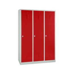 Kleiderspind, 3 T&uuml;ren, B 1200 x H 1800 mm, Drehriegelverschluss, lichtgrau/rot