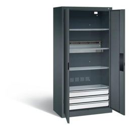 C+P Akkuladeschrank Basic mit Vollblecht&uuml;ren und Schubladenblock, H 1950 x B 930 x T 500 mm, Lichtgrau/Rubinrot