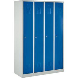 Kleiderspind, 4 T&uuml;ren, B 1170 x H 1800 mm, Zylinderschloss, lichtgrau/enzianblau